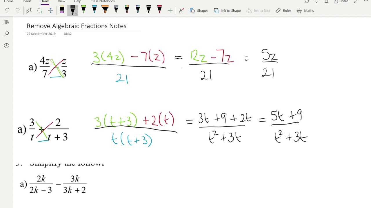 Remove Algebraic Fractions Add and Subtract Notes - YouTube
