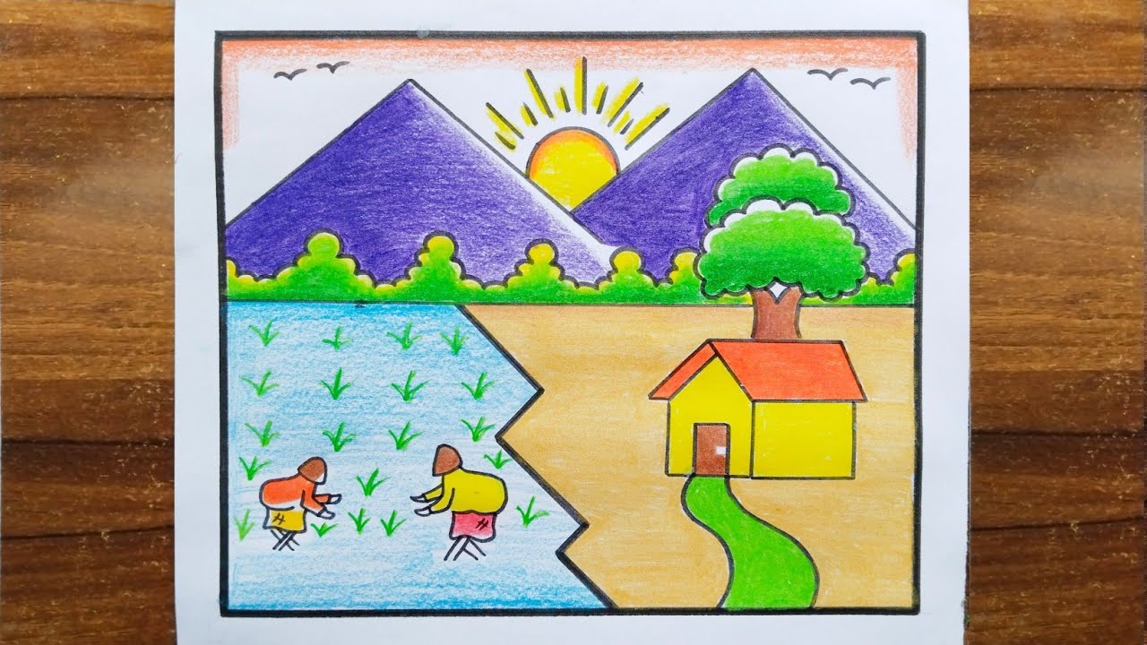 Paddy Field With Farmer Scenery Drawing / Village Scenery Drawing ...