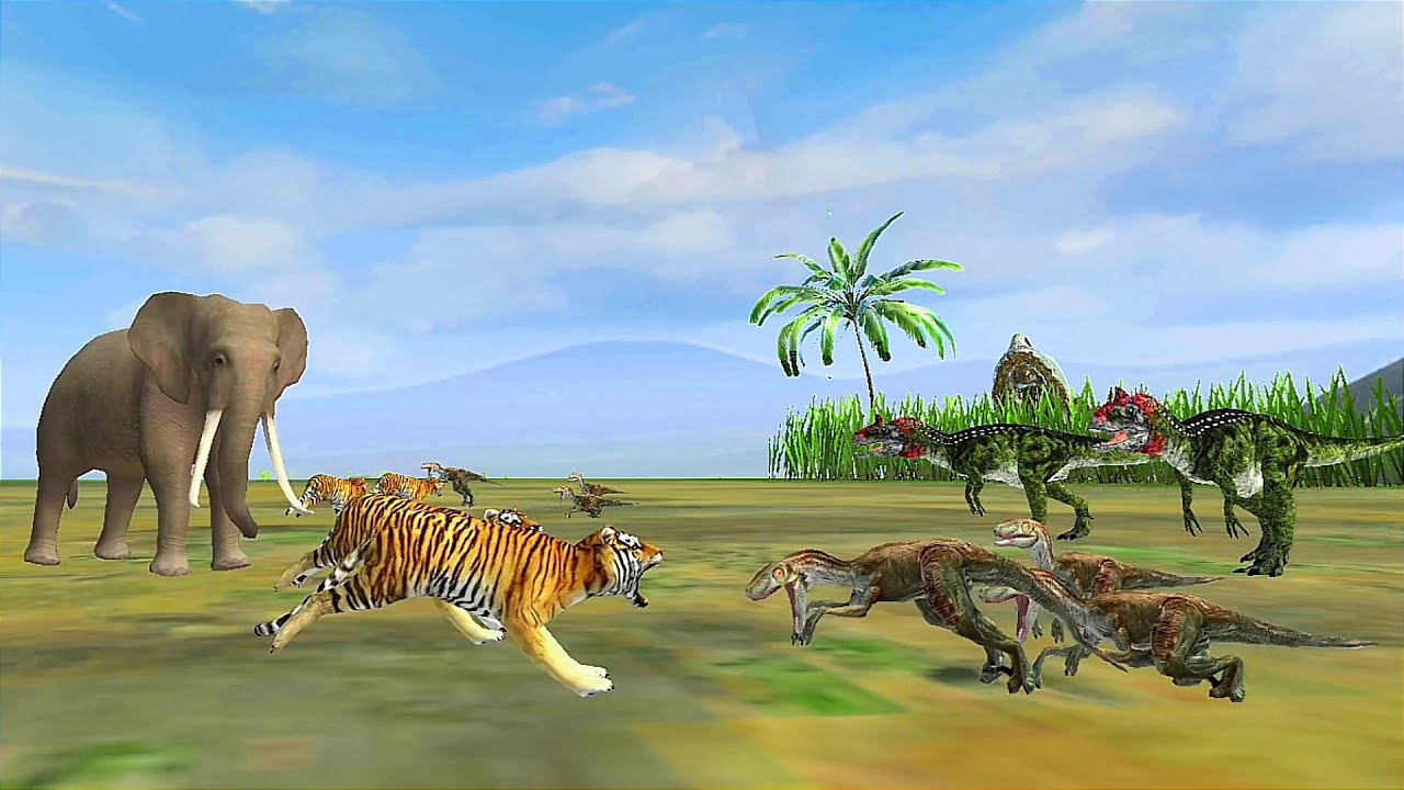 Tigers and Elephants VS Dinosaurs Velociraptor and Compsognathus ...