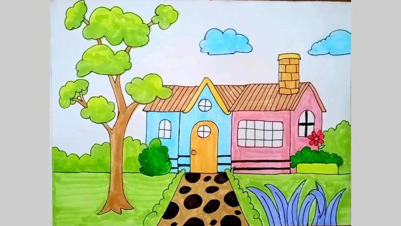 Easy scenery drawing | ghar ka chitra | House scenery drawing and ...