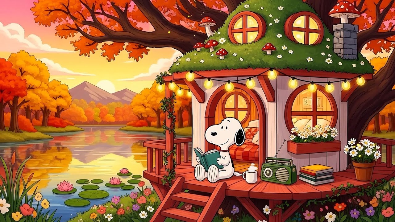 Snoopy's Autumn Riverside Sunset 🍁 Gentle Lofi Music to Relax & Focus 🍂 ...