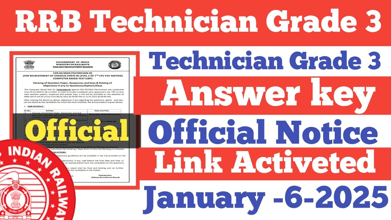 RRB Technician Grade 3 Answer key | Official Notice RRB Technician ...