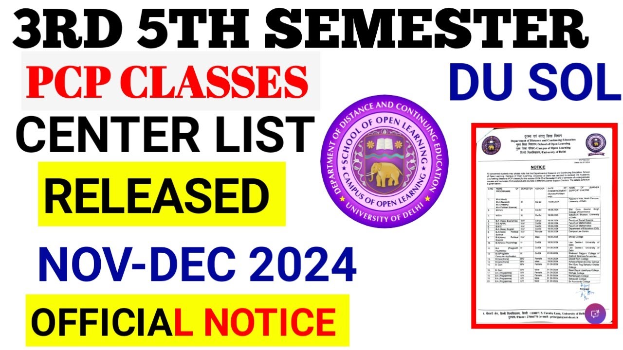 2024 PCP Classes Notice: Du Sol 3rd 5th seme| Sol pcp class centre list ...
