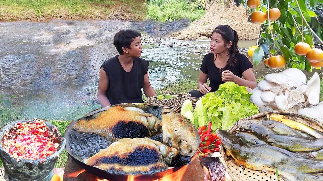 Survival in forest: Catch and cook Fish for survival food, Fish sour ...