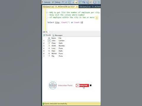 SQL Query to get list of employees if per city employee count is two or more #shorts #sqlquery ...