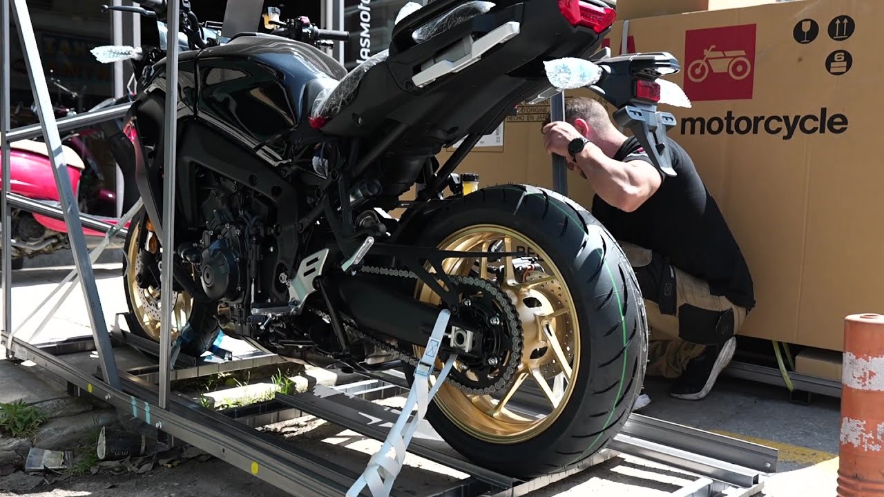 unboxing 2024 YAMAHA TRACER 9GT black with gold rims motorcycle - YouTube