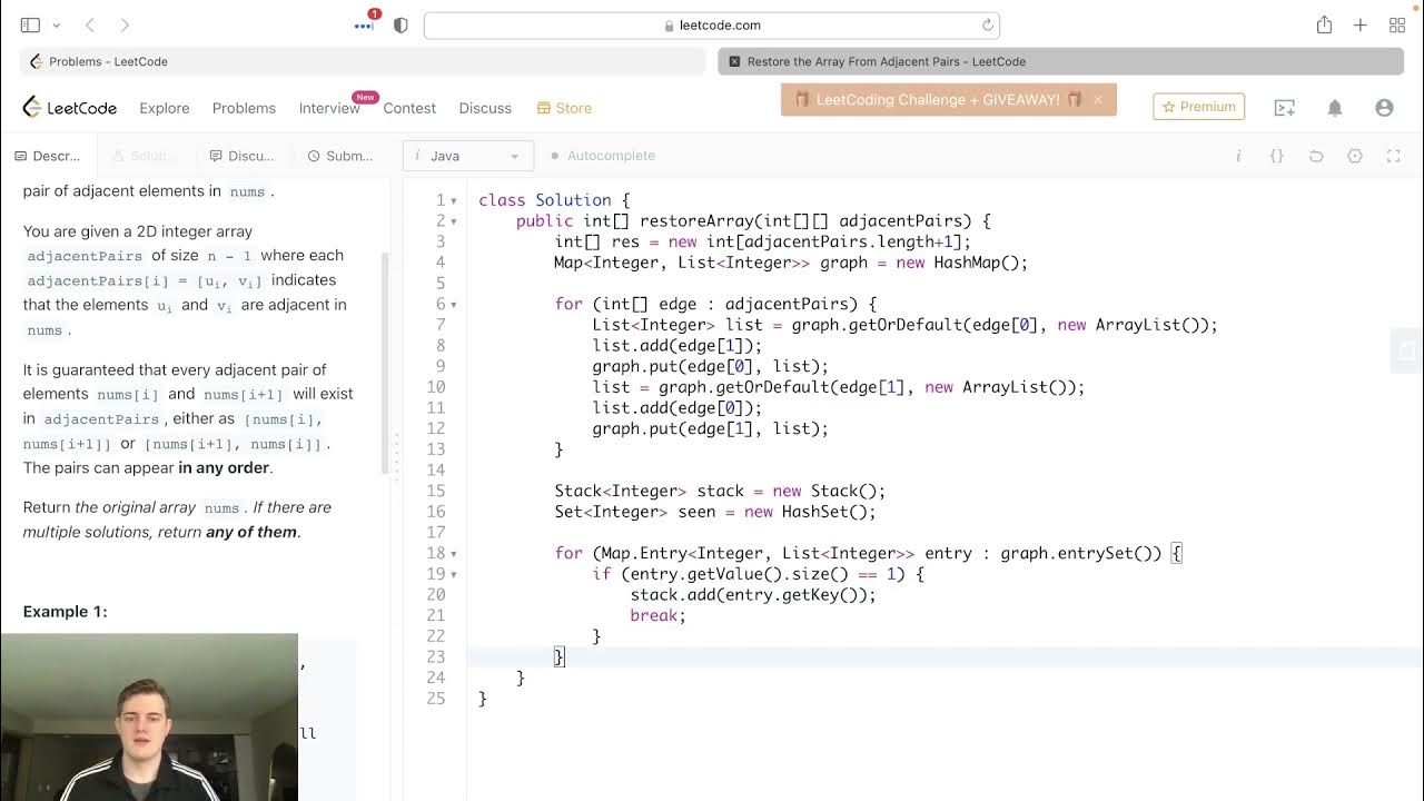 Leetcode Solution 1743 Restore The Array From Adjacent Pairs Youtube