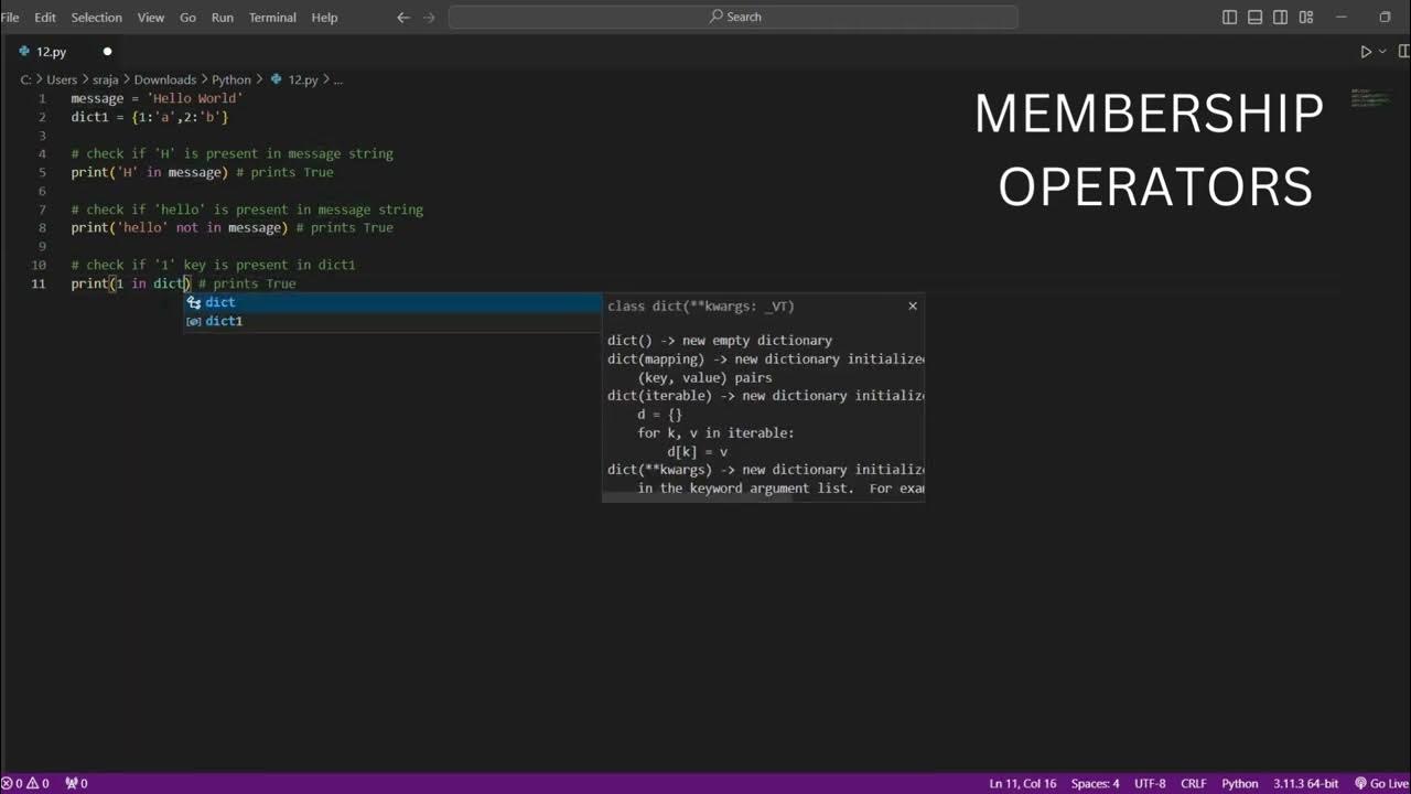 Python (Programming Language) Project 12: 'Membership Operators' Created by Trishanth Kumar ...