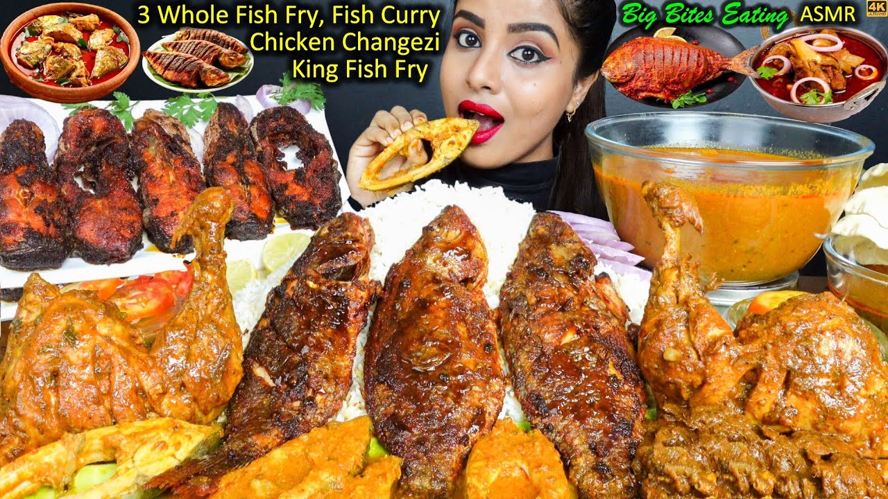 ASMR Eating Spicy 2kg Fish Fry,Chicken Leg Piece,Fish Curry,Rice,Papad ...