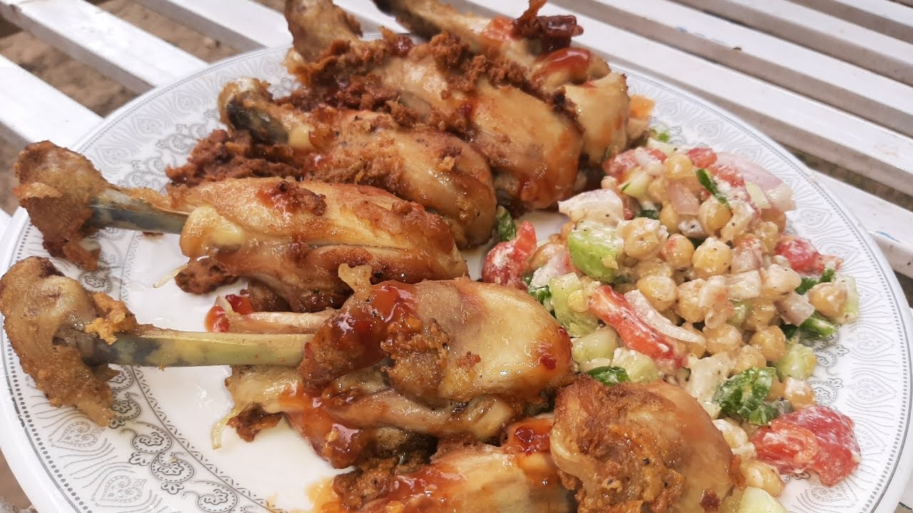 Chicken leg broast |protien salad|chicken fry with chickpea salad # ...
