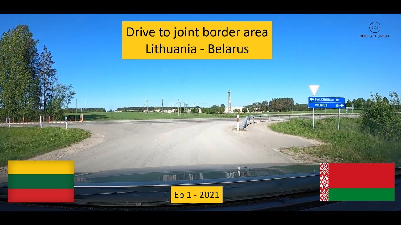 Drive to joint border area Lithuania & Belarus, Road meets border fence ...