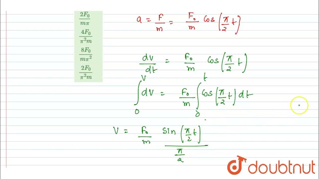 A particle of mass m initially at rest is acted upon by a unidirectional force F=F_@cos ((pi ...
