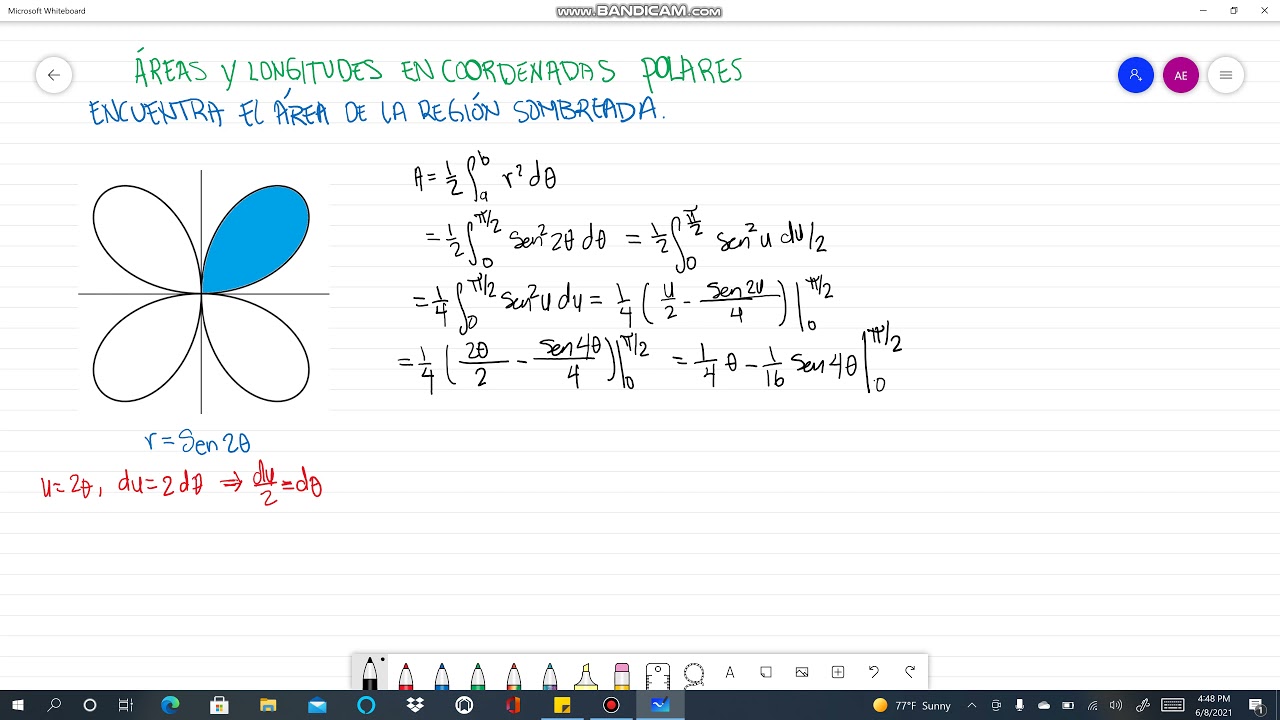 Área de r=sen(2Q), (Q=theta) Q entre 0 y pi/2. Coordenadas polares ...