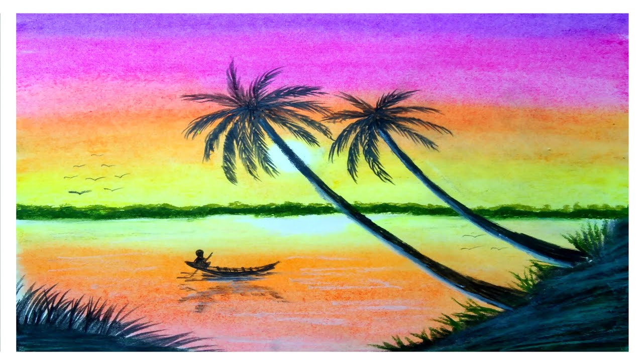 how to draw beautiful sunset in the beach easy step by step | beach ...