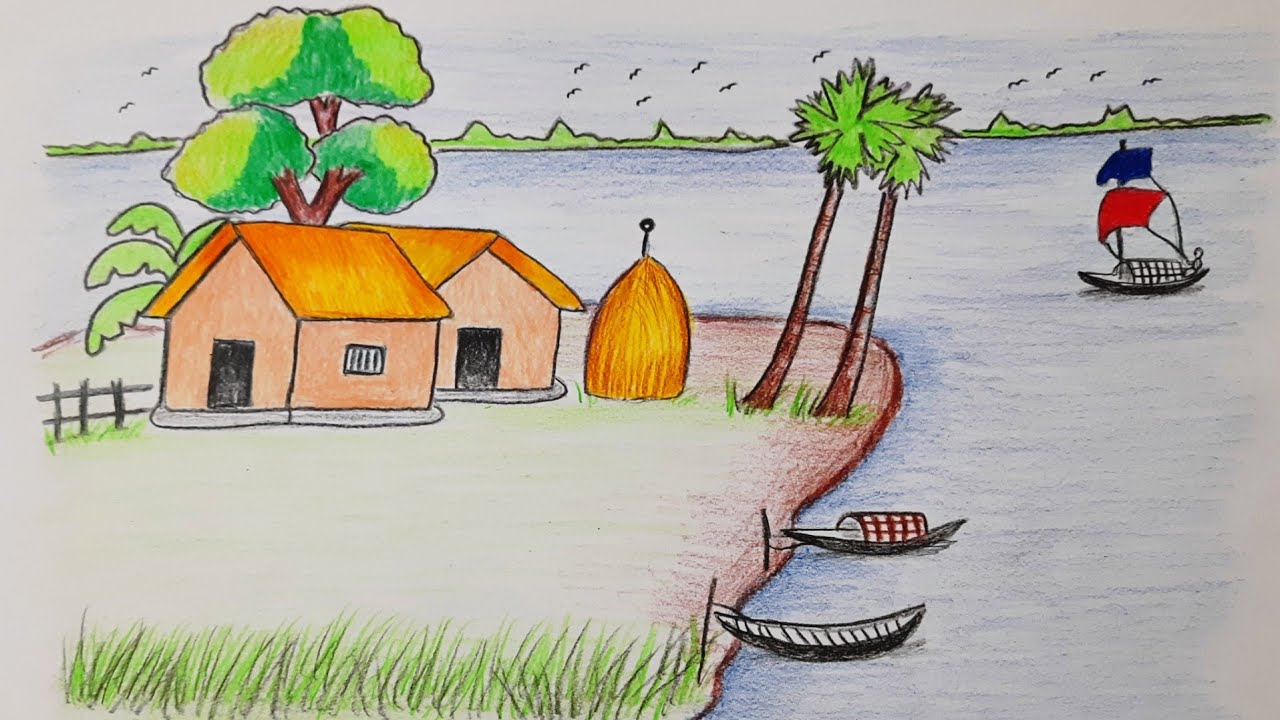 How To Draw A Village House Scenery With Pencil Colour || Beautiful ...