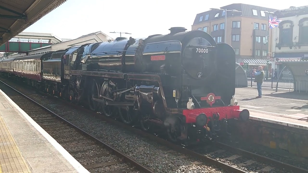 70000 Britannia steam engine departing from Paignton - YouTube
