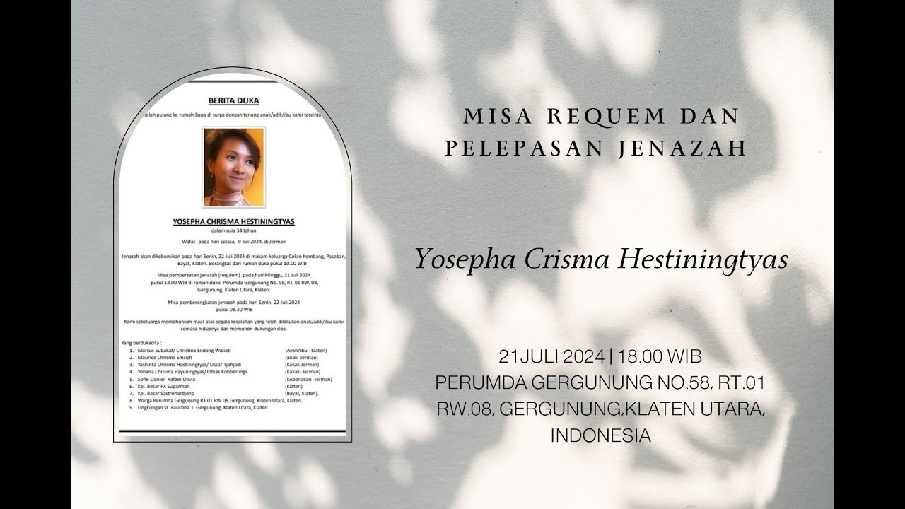 LIVE STREAMING || MISA REQUEM DAN PELEPASAN JENAZAH YOSEPHA CHRISMA ...
