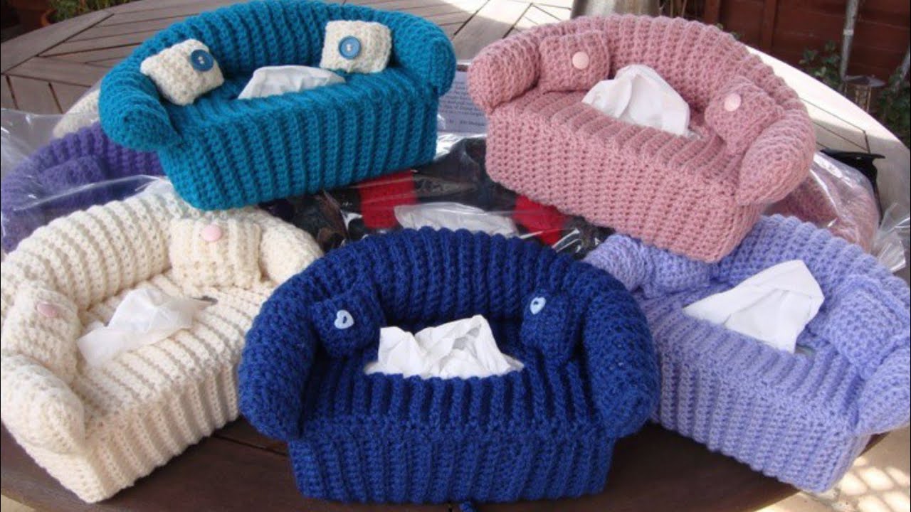 Crochet Sofa Tissue Box cover With Pillows And Doilies - YouTube