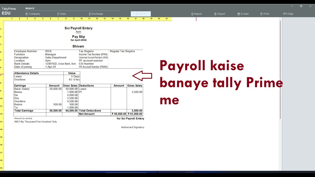 tally prime payroll entry kaise kare salary bonus da ta hra pf esi accounting video best # ...