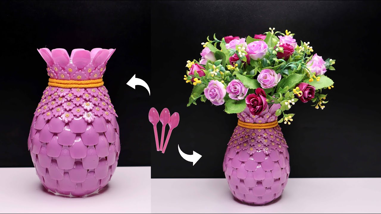 DIY Flower vase with plastic bottle and plastic spoon | Ide vas bunga ...