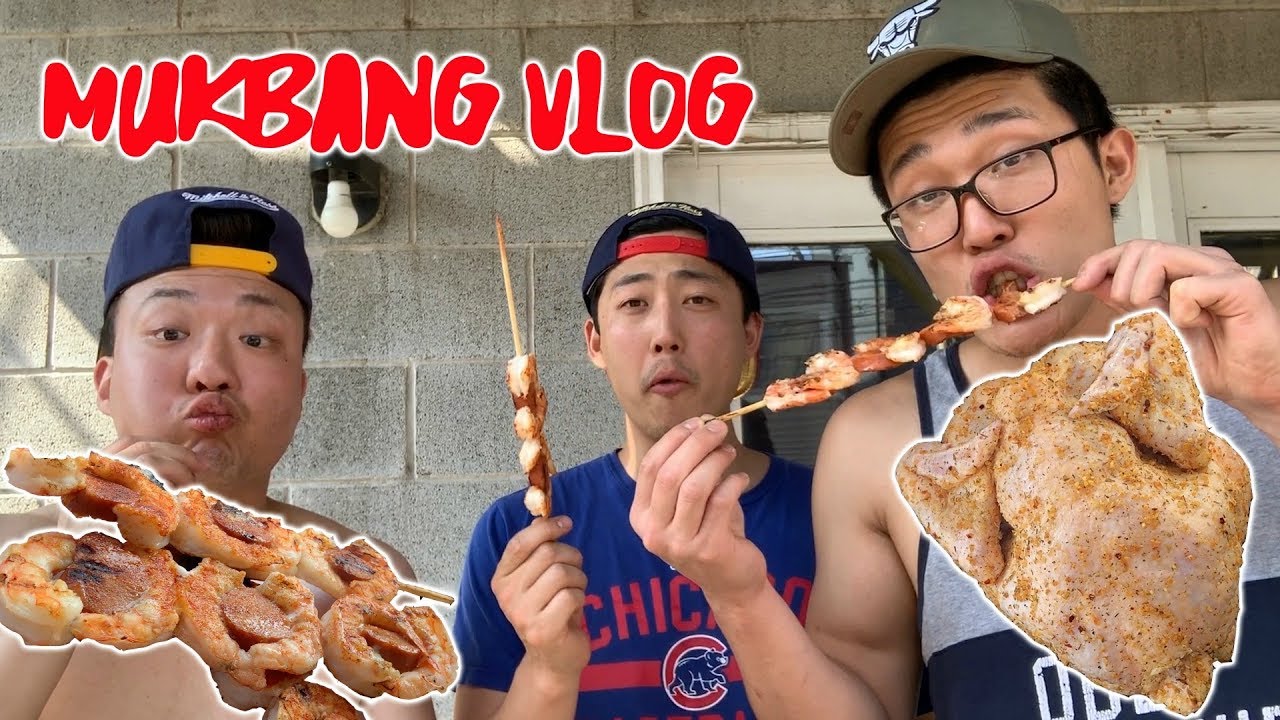 MUKBANG VLOG BEER CHICKEN & SHRIMP SAUSAGE SKEWERS | Dongdigity - YouTube