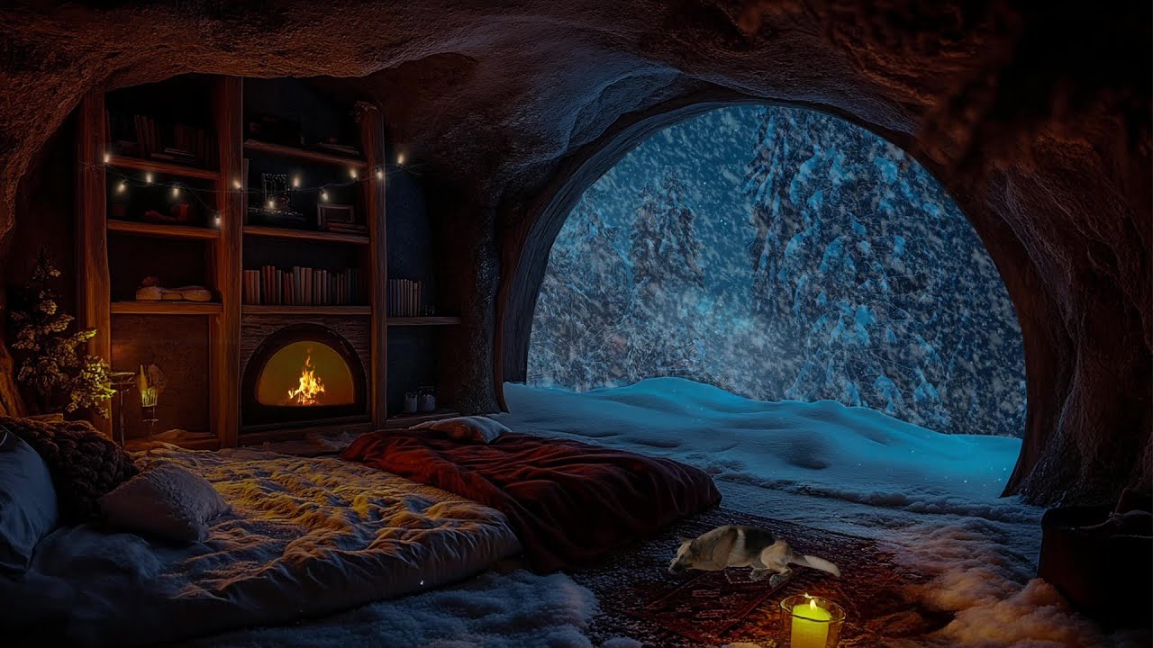 Christmas in a Winter Cave: Falling Snow and Cozy Fire for Restful ...