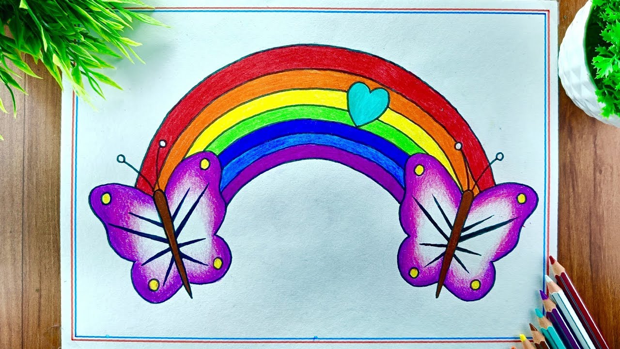 How to draw a rainbow with butterfly || Rainbow drawing step by step ...