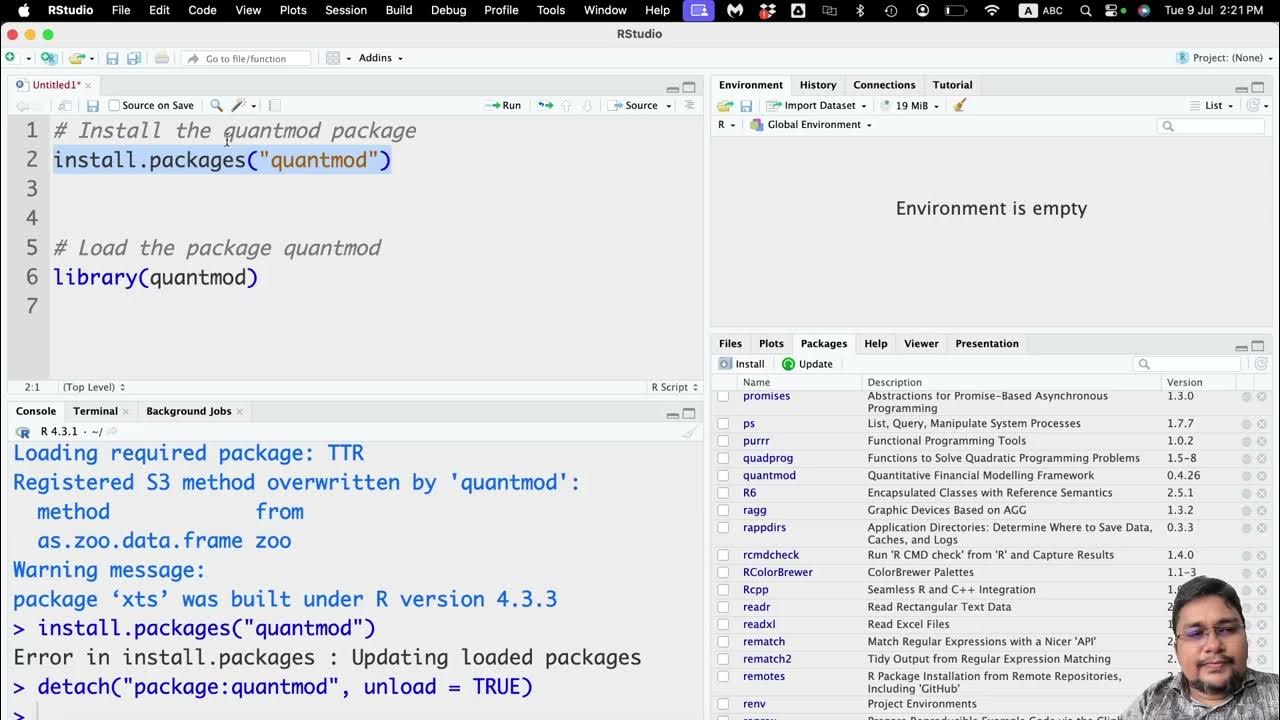 Install and load packages in R studio quantmod and tseries - YouTube
