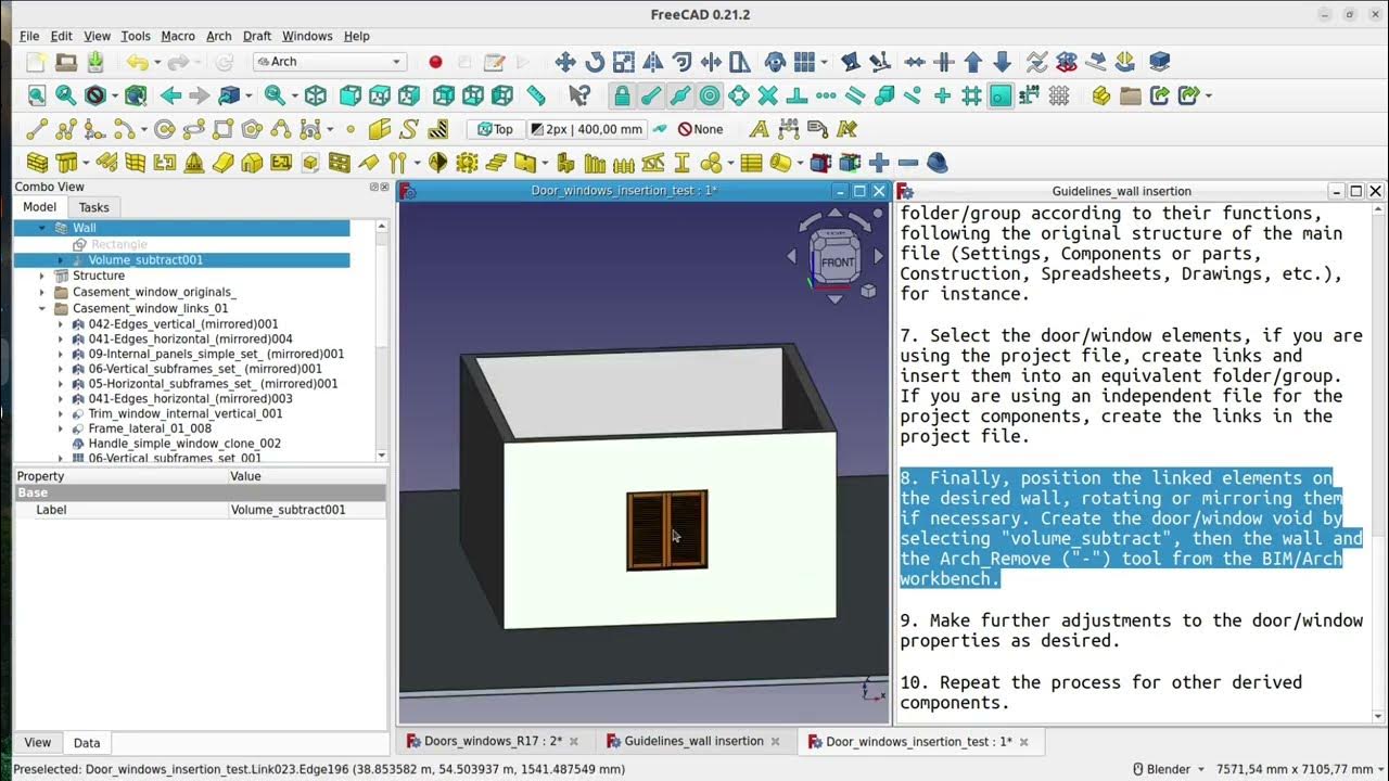 Creation of parametric components in FreeCAD - Video 14 - Inserting the window into the wall ...