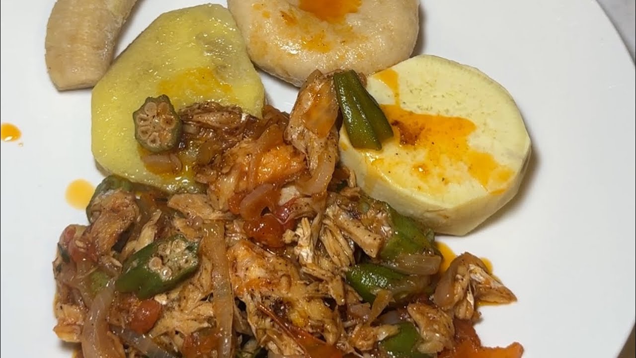 Salt fish and okra, dumplings, yellow yam, sweet potato and green ...