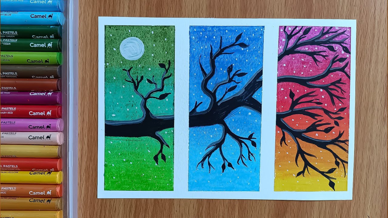 3 season oil pastel colour drawing - YouTube