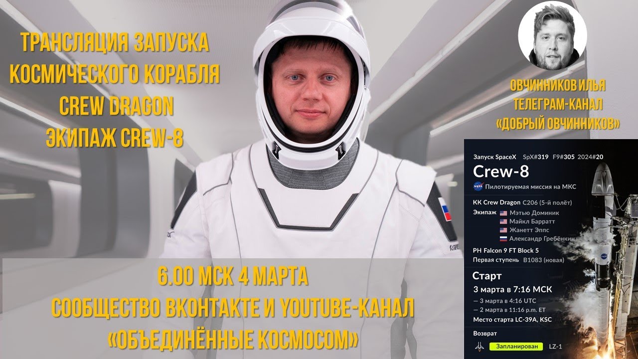 Запуск космического корабля Crew Dragon | Crew 8 | Космонавт Гребёнкин ...