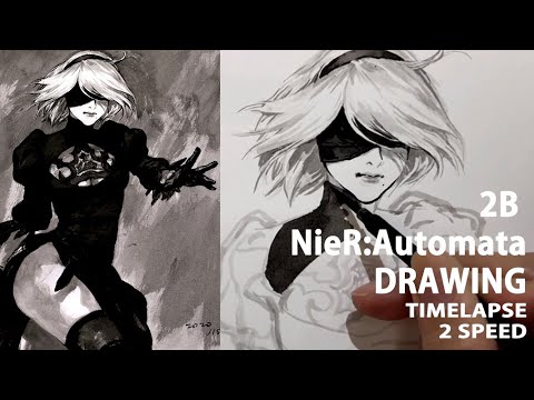 2B from NieR:Automata, Ink-wash Drawing Time-lapse - YouTube