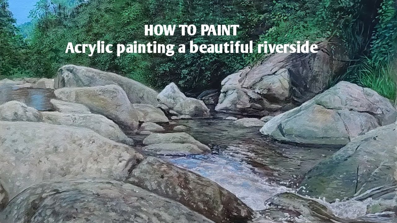 How to paint realistic riverside landscape acrylic painting | melukis ...