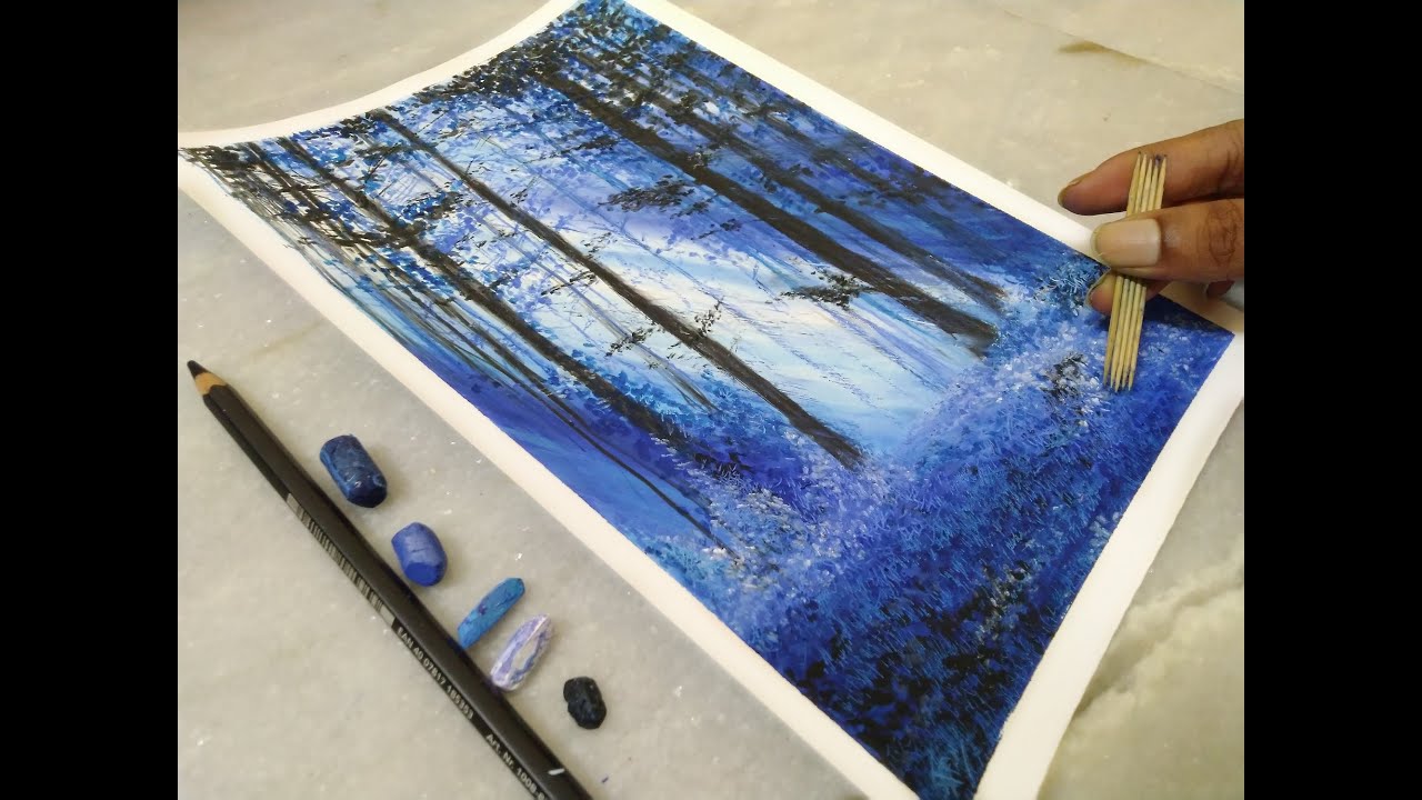 How To Draw|Blue Forest lights|Easy|Landscape|Oil Pastel&Tooth pick ...