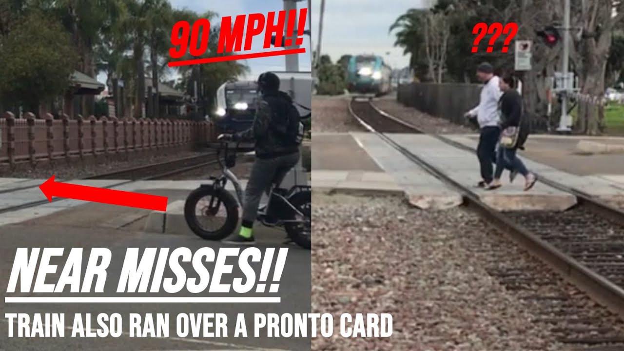 2 NEAR MISSES WITH TRAIN AND PEDESTRIAN in Carlsbad Village +Train ...