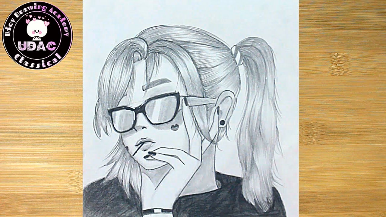 HOW TO DRAW GIRL WITH SUN GLASS || A GIRL WITH BEAUTIFUL HAIR PENCIL ...