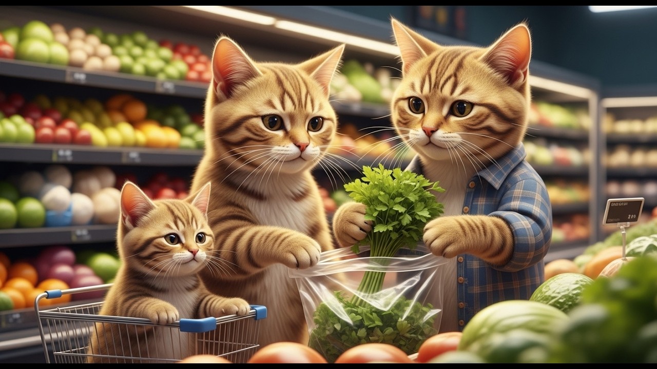Funny Cats Shopping Like Humans 🛒 Mom Cat and Kittens at the Market ...