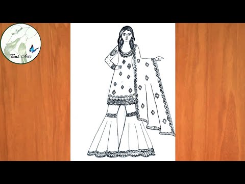 how to draw a girl wearing sharara dress||beautiful girl in sharara ...