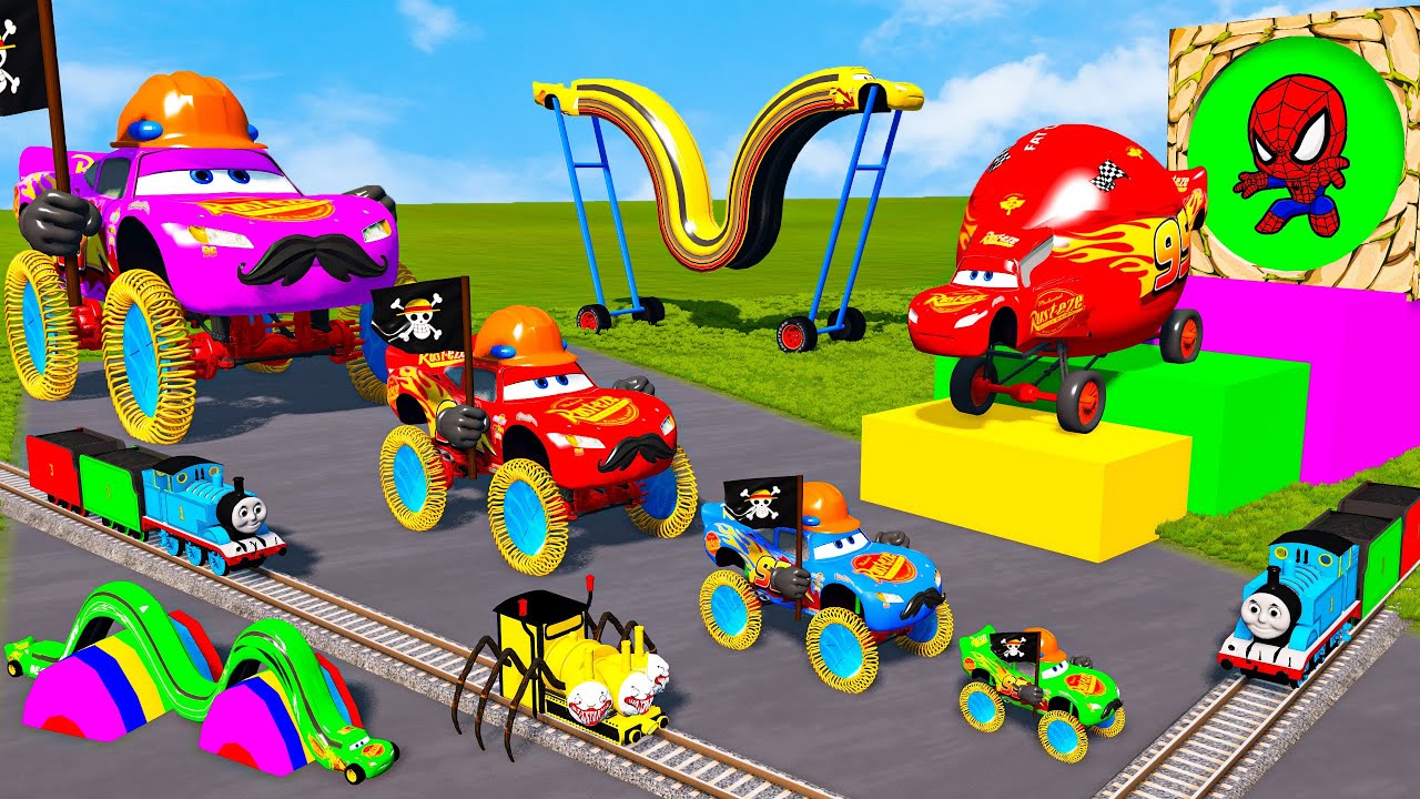 Big & Small: Mcqueen vs Spring Wheels with Trains vs Portal Trap - LONG ...