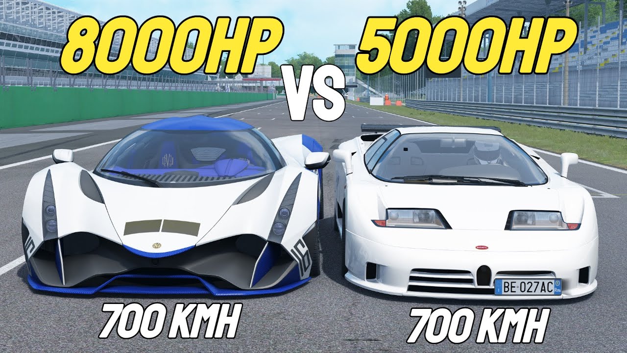 5000HP Bugatti EB110 Super Sport vs 8000HP Devel Sixteen RACE - YouTube