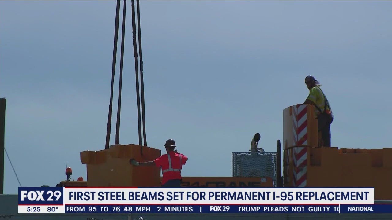 First steel beams set for permanent I-95 replacement - YouTube