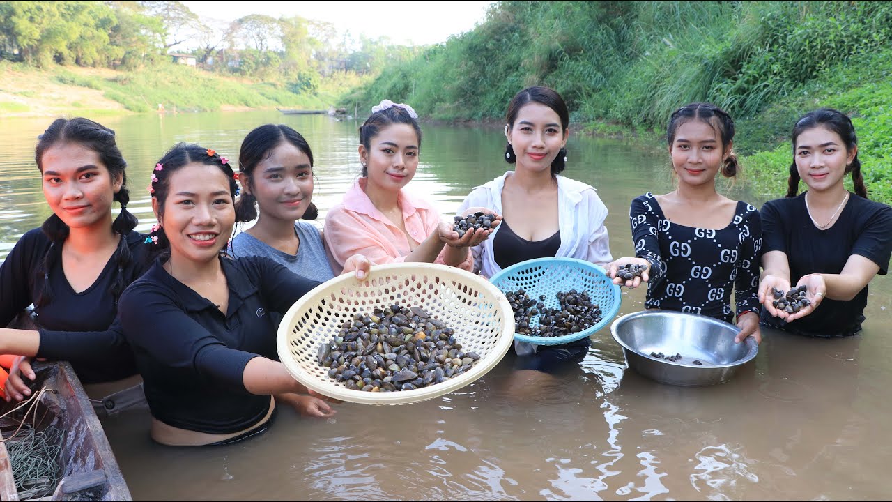 Cooking river shell in my village and travel with my family - YouTube