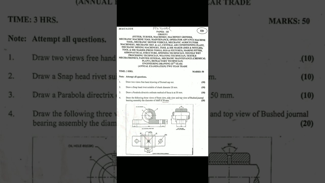 Engineering Drawing 2020 Exam Paper/2nd Year/Mechanical Trades MMV,RAC ...