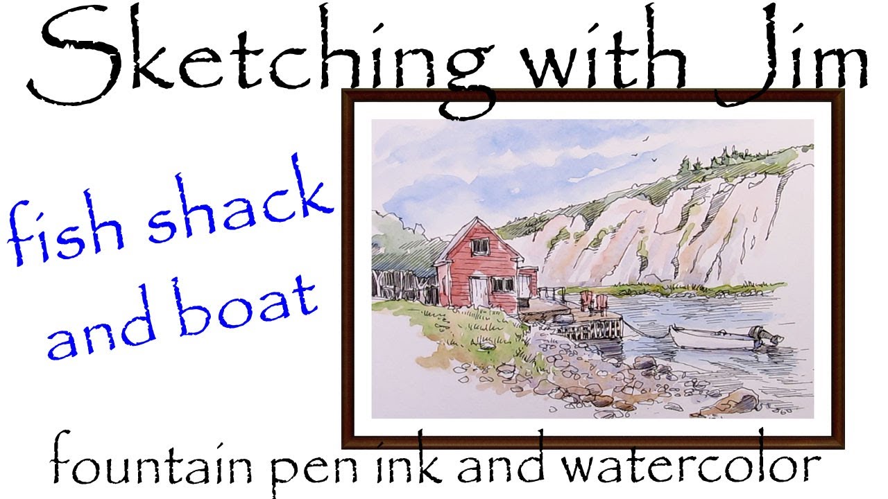 Ink and watercolor landscape drawing of sea coast fish shack - YouTube