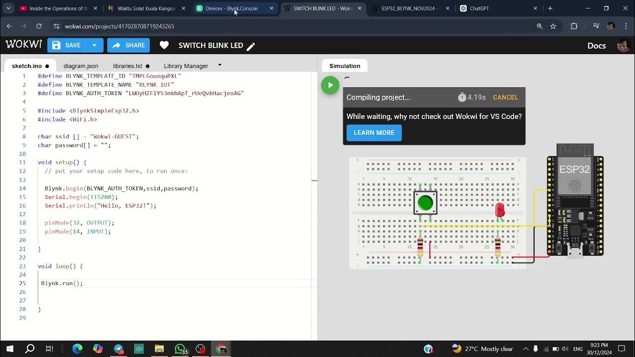 Tutorial 3 ESP32 + IOT : How to make IOT switch on/off LED by using blynk and wokwi simulation ...