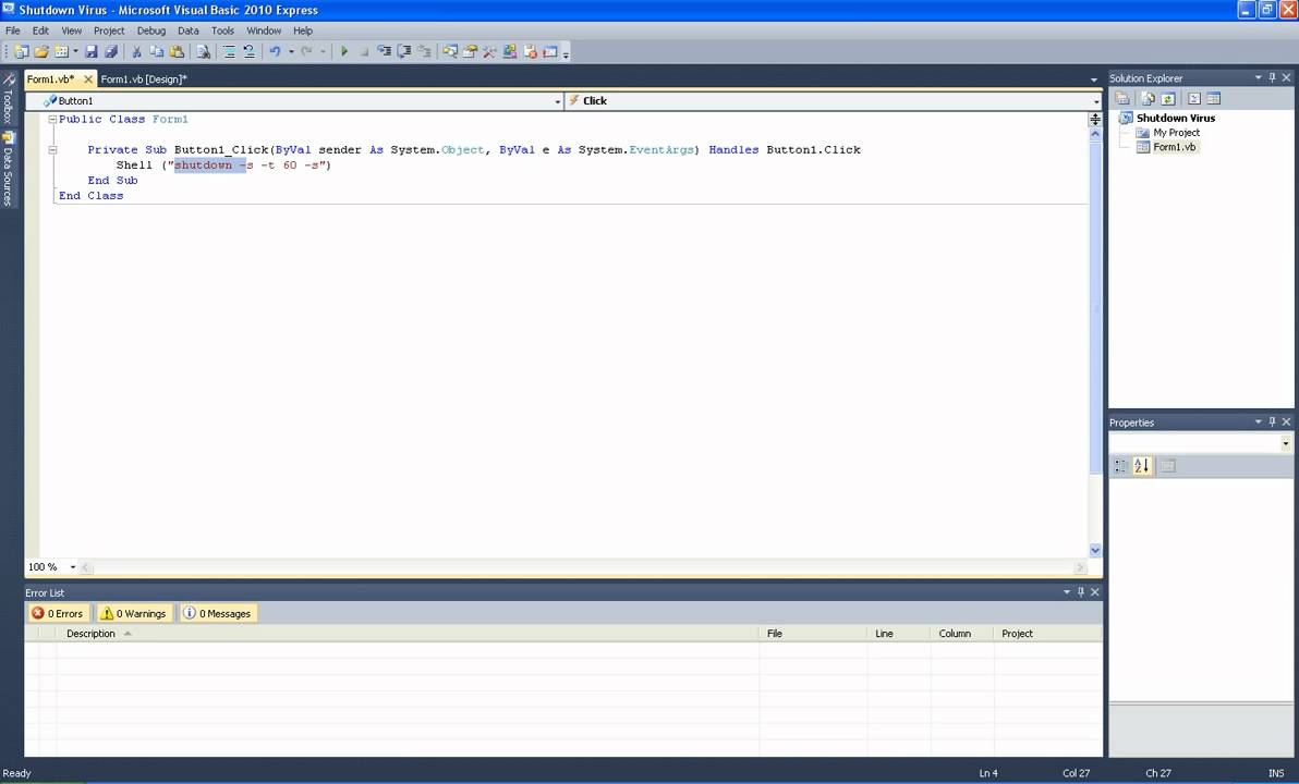 How To Make A Shutdown Virus In Visual Basic 2008 And 2010 - YouTube