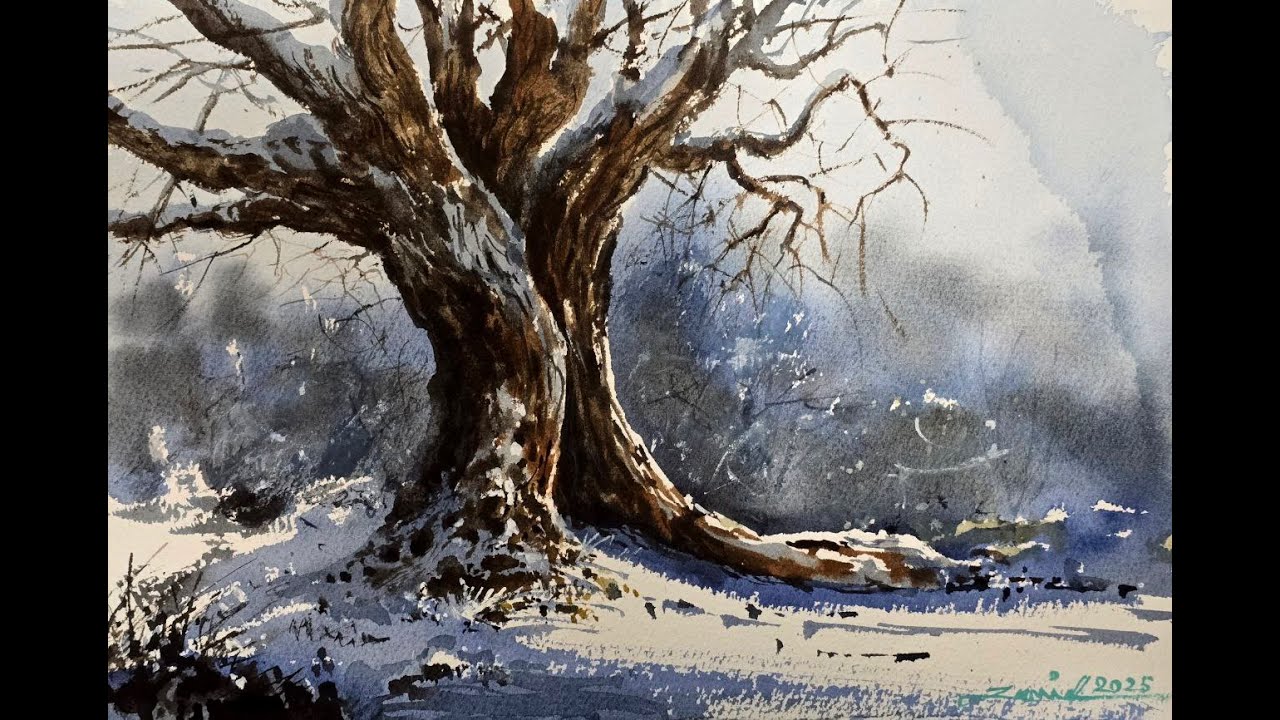 How to Paint a Snowy Winter Tree in Watercolor - YouTube