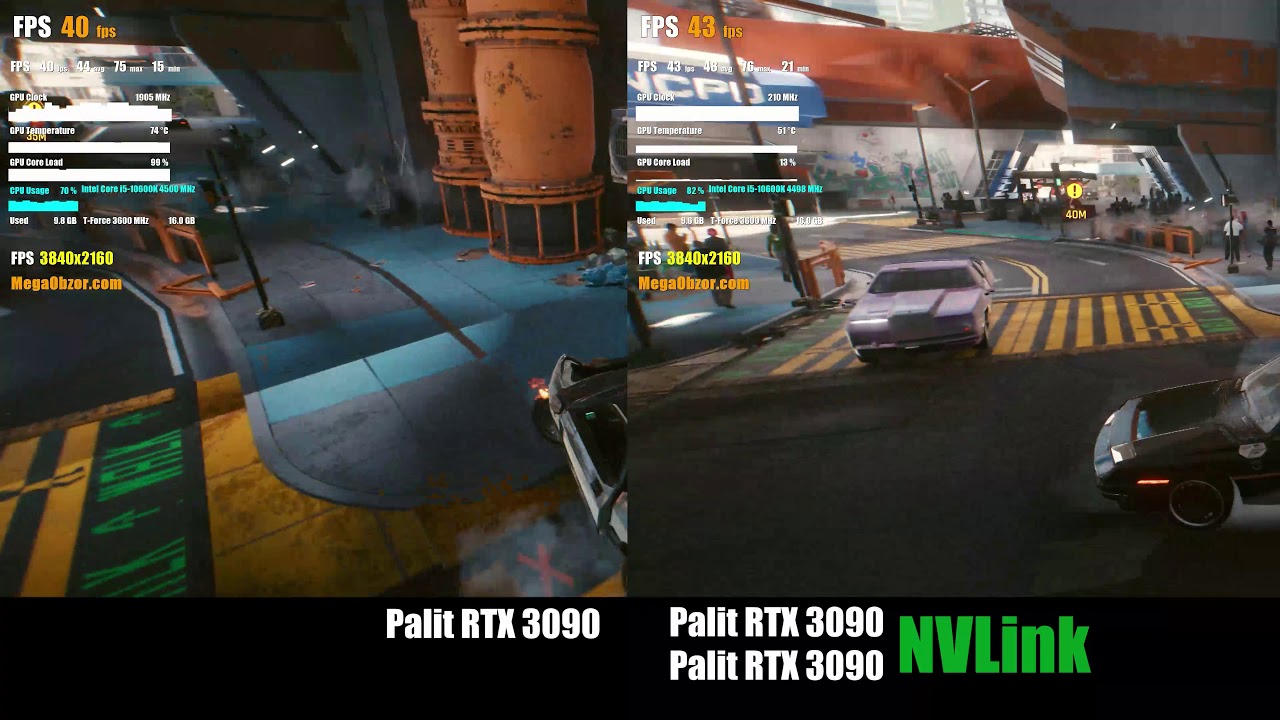 NVLink 3090 Cyberpunk 2077. Ultra Ray 4K. Palit RTX 3090 + RTX 3090 ...