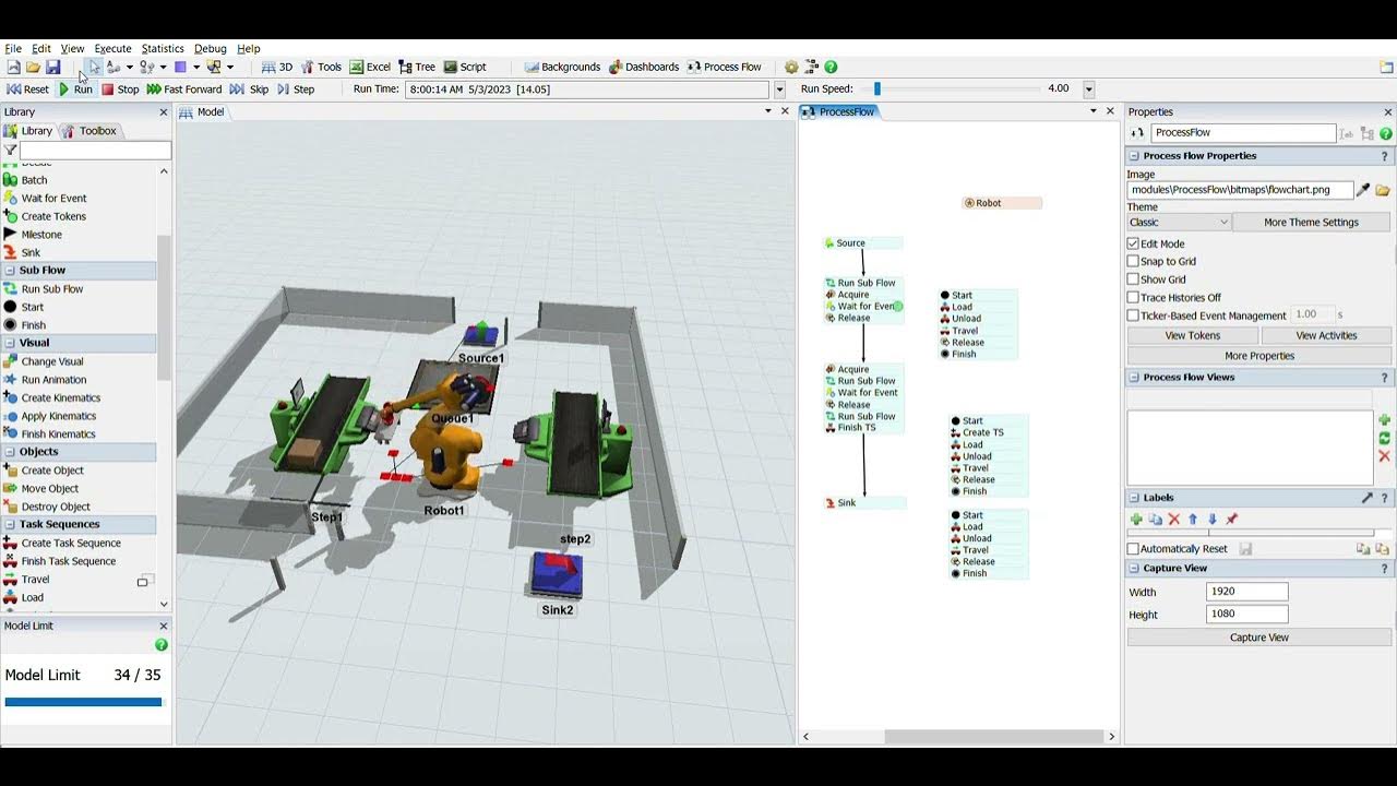 FlexSim Simulation of a Centered Robot Work Cell - YouTube